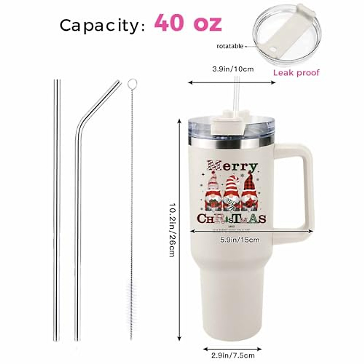 LB LEOBON 40 ounce insulated cup with handle, double-layer vacuum stainless steel material, equipped with straw, can keep warm or maintain cold drinks Christmas Text Gnome white