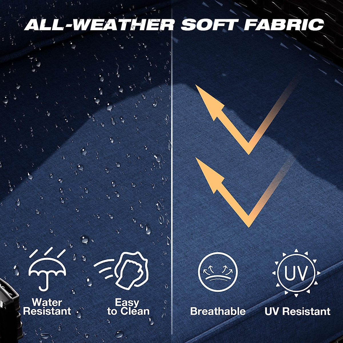 Joyside Patio Sofa - 3 Seater Rattan Sofa, All Weather High Back Sofa, Upgraded Large Size with 4inch Seat Cushions for Backyard, Garden, Poolside (Brown/Blue)