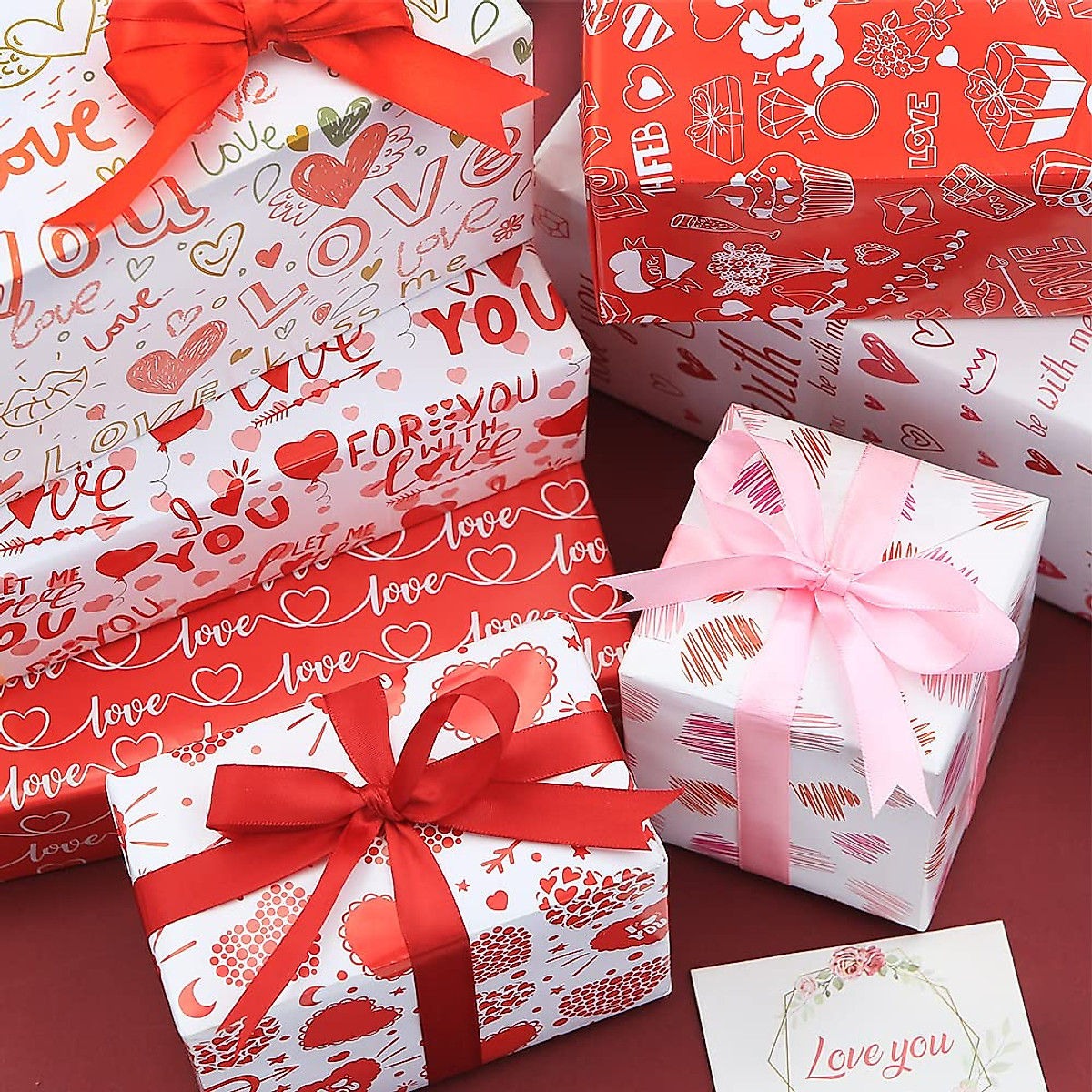 Valentine's Day Gift Wrap Paper,7 Sheets 7 Design Red White Pink Heart Wrapping Paper Set,Funny Love Wrapping Paper With 3-Color Ribbon For Adult Men Women Mothers Fathers Day Birthday Holiday Wedding