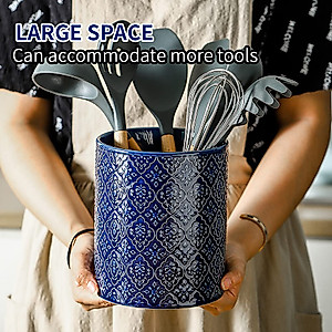 KOOV Kitchen Utensil Holder, Large Utensil Holders for Countertop, 6 x 7 Inches Ceramic Utensil Crock, Deep and Stable, Cooking Utensil Holder, Embossed Pattern (BLue)