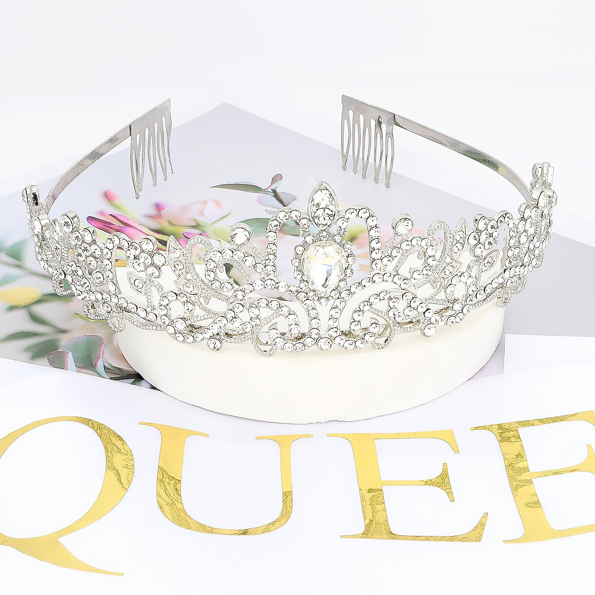 BAHABY Prom Queen Sash and Tiara Set, Silver Crowns for Women & White Sash - Graduation Party School Party Accessories Bachelorette Party Wedding Bridal Shower Halloween Party Favors