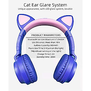 Asmi Bluetooth Headphones, Wireless Cat Ear Headphones LED Light Up Wireless Headphones Over Ear, Foldable & Lightweight Stereo Wireless Headset for Travel Work TV PC Cellphone (Purple)