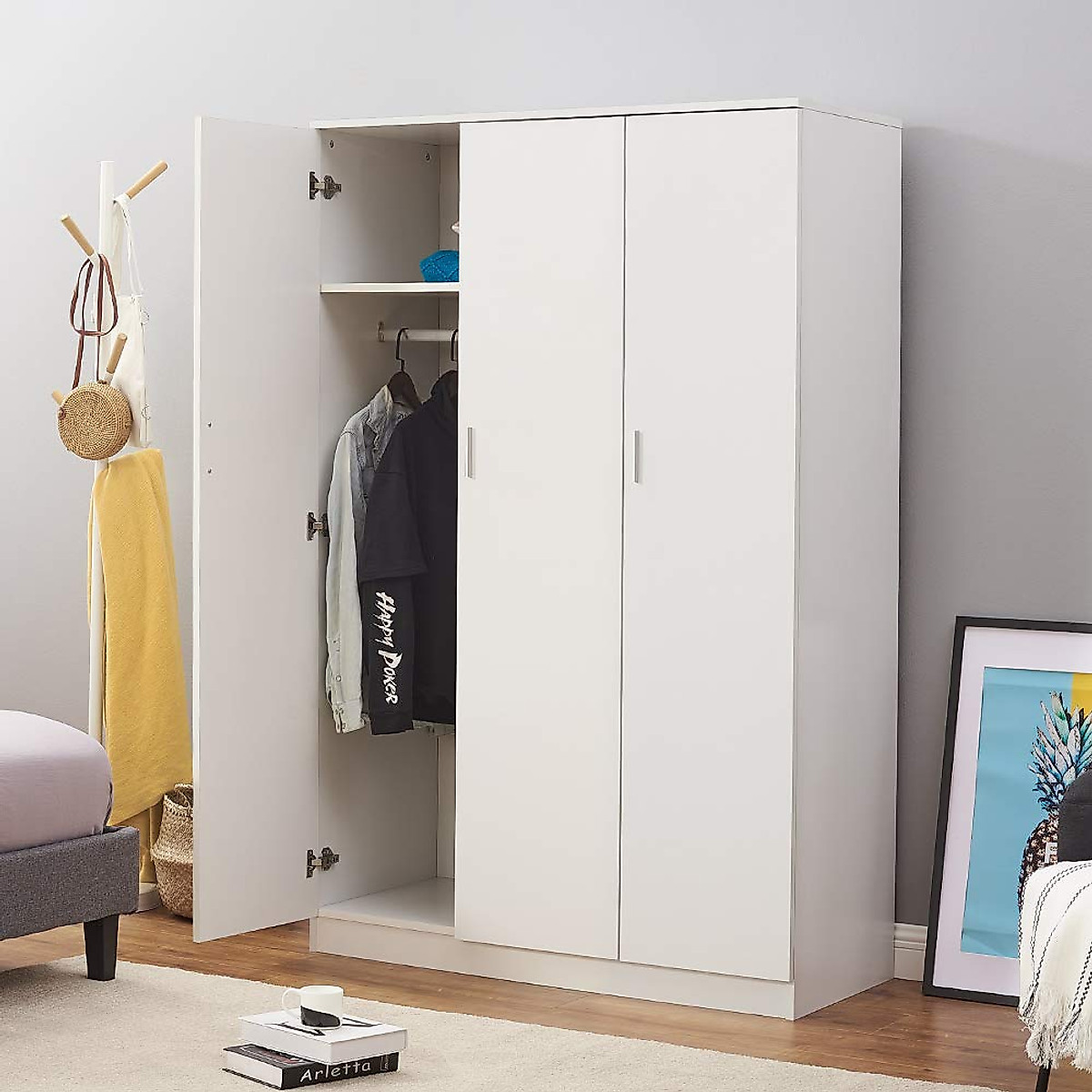 Panana 3 Door Wardrobe, Armoires with Storage Shelves and Hanging Rail Clothes Storage Cabinet for Bedroom