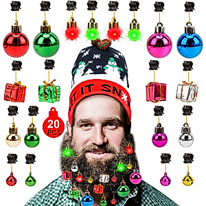 Konsait 20pcs Beard Ornaments Christmas Light Up Facial Hair Baubles Jingle Bells Beard Clips Beard Bulbs for Ugly Sweater Party Christmas Office Social Events New Year Festival Gift Christmas Decor