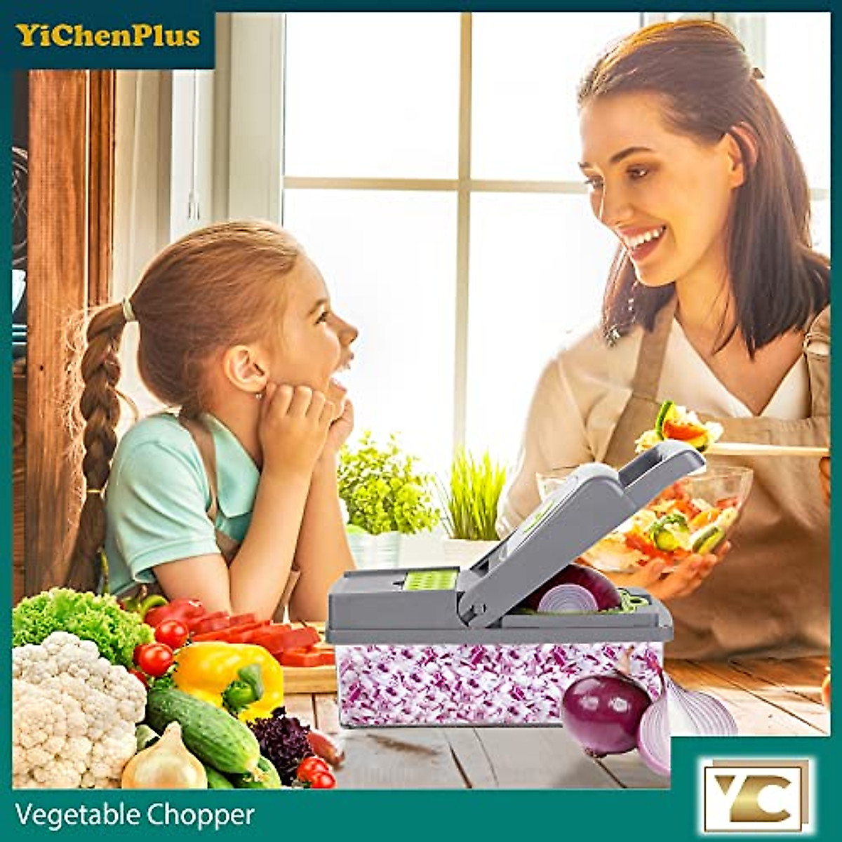 YiChenPlus Vegetable Chopper, 14-in-1 Food Chopper with Container Kitchen Vegetable Slicer/Dicer Cutter Onion Chopper With 8 Blades One-Button Press to Clean Food Residue