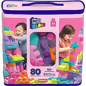 MEGA BLOKS Fisher-Price Toddler Block Toys, Big Building Bag with 80 Pieces and Storage Bag, Pink, Gift Ideas for Kids Age 1+ Years