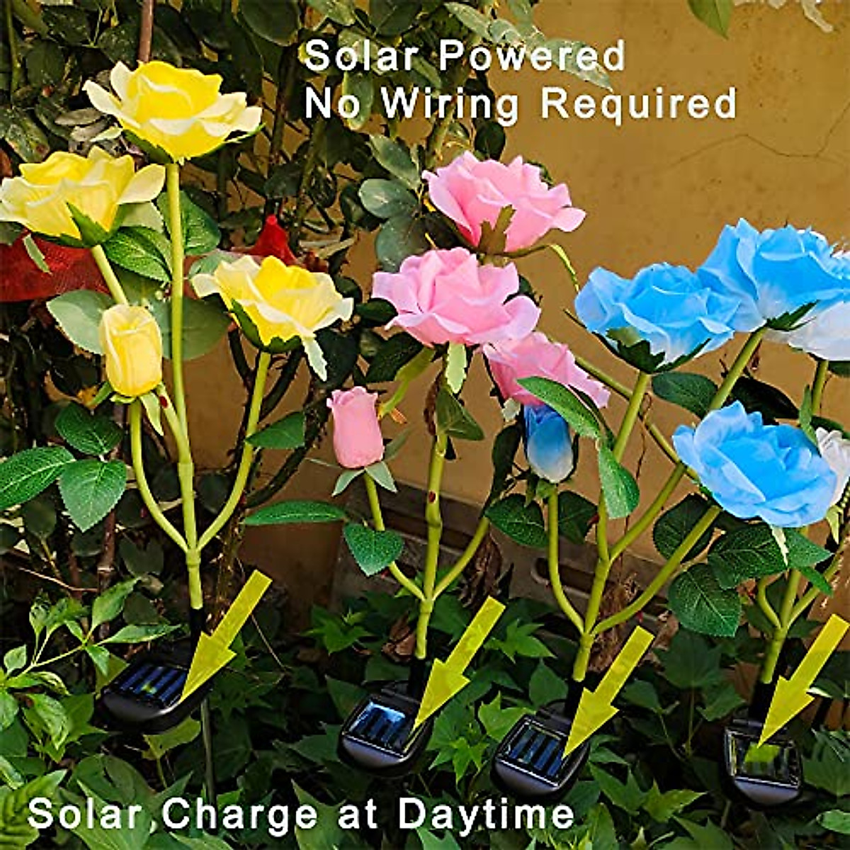 Thafikzi Solar Garden Stake Lights, 2 Pack Outdoor Solar Powered Rose LED Lights with 4 Rose Flowers, White Light Waterproof Solar Decorative LED Lights for Garden, Patio, Backyard (Yellow)