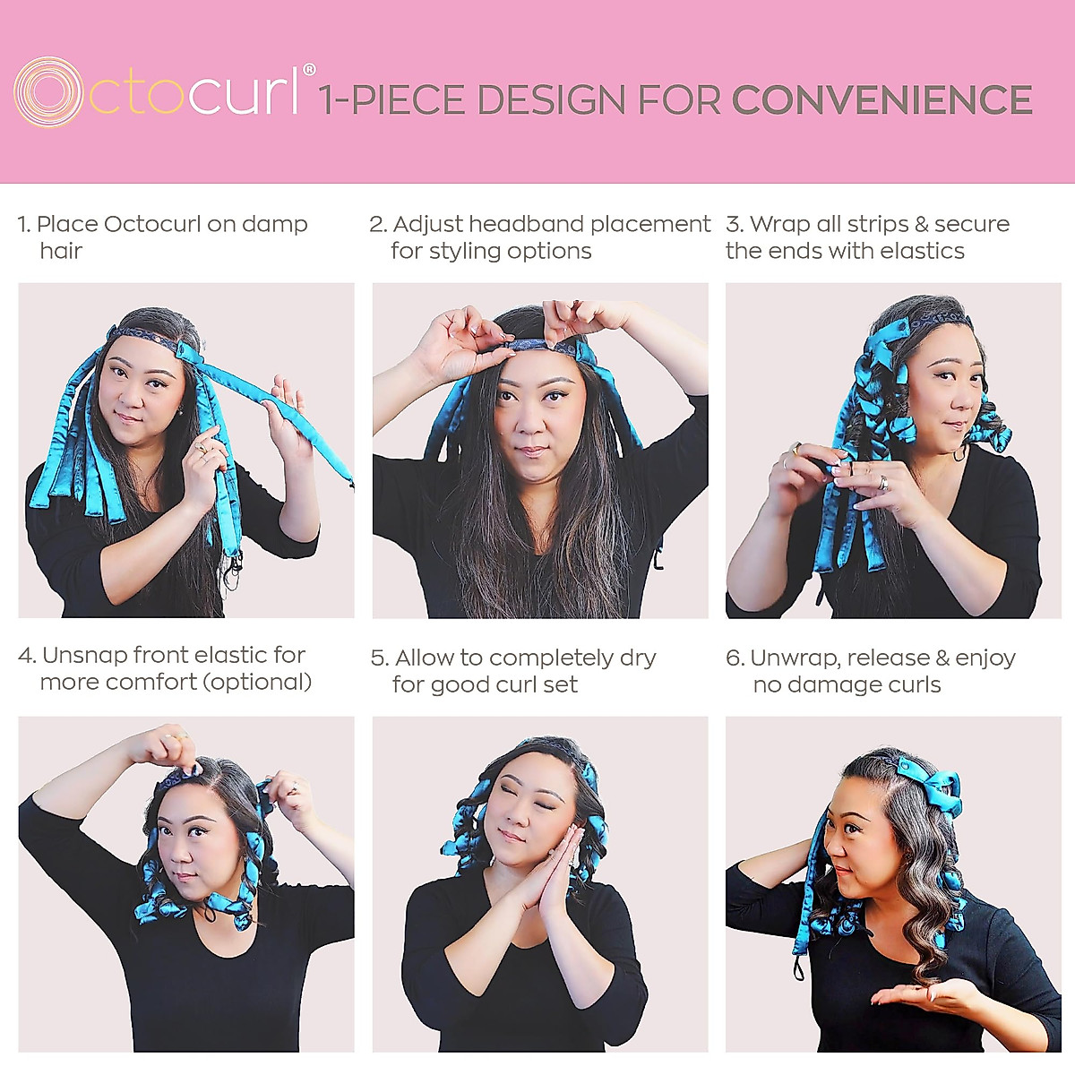 Octocurl Satin Hair Curlers - Heatless Curls Overnight - Headband Curlers for Medium Length Hair (Satin - Black)