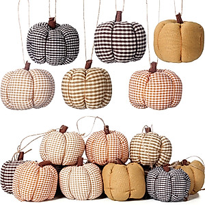 Hiboom 12 Pcs Farmhouse Fall Thanksgiving Decor Plaid Fabric Acorns Pumpkin Hanging Ornaments Autumn Tray Table Decor Thanksgiving Tree Decoration (Pumpkin)