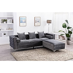 Legend Vansen Velvet Sofa sectional for Living Room with Ottoman Chaise Reversible L Shaped Couch Sleeper, 104", Grey
