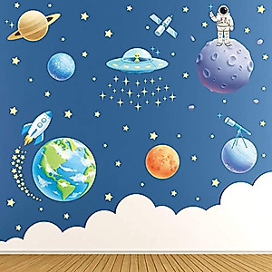Glow in The Dark Stars for Ceiling, Solar System Wall Stickers for Kids, Planet Wall Decals, Glowing Stars, Space Decor for Boys Room, Galaxy Astronaut Rocket Spacecraft Alien Decoration