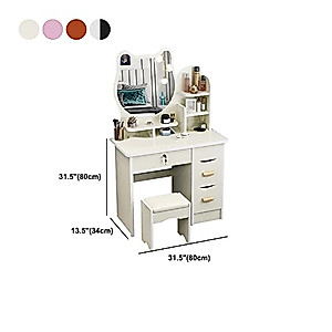 LITFAD 4 Drawers 31.5" Wide Vanity Set Nordic Wood Dressing Table Modern Vanity Table with Stool and Mirror - Pink Right Makeup Vanity, Mirror and Stools