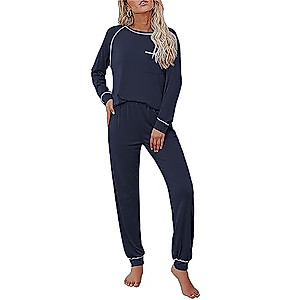 Ekouaer Pajamas Set for Women Soft Comfy Pjs Sets Long Sleeve Sleepwear Loungewear S-XXL Navy Blue