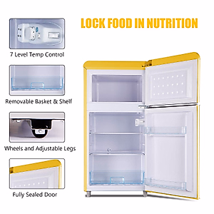 WANAI Compact Refrigerator, 3.5 Cu.Ft Retro Mini Fridge with Freezer, Dual Door Small Refrigerator with 7 TEMP Modes, LED Lights, Removable Shelves, Ideal for Bedroom Dorm Office Apartment