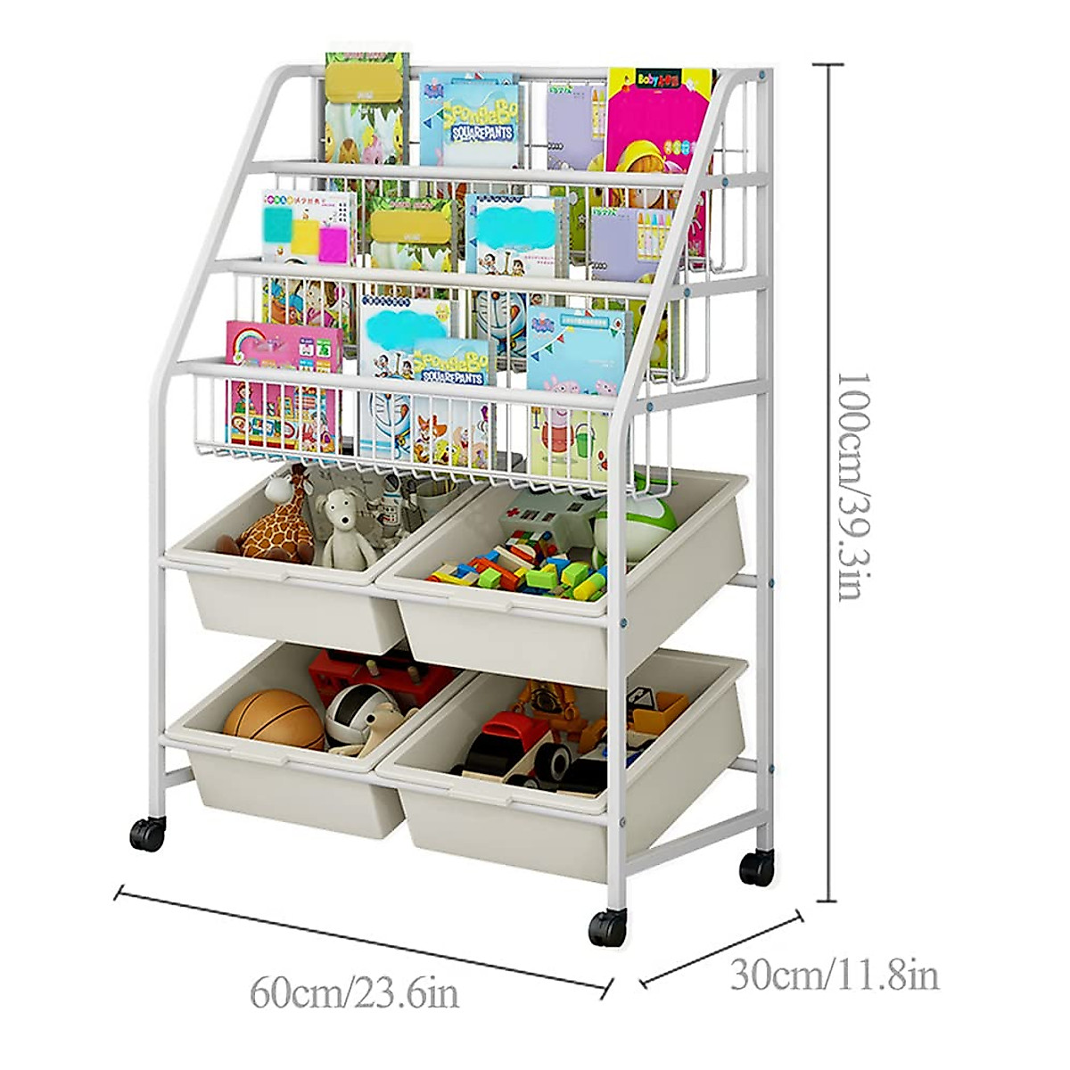 MOAMUN Kids Bookshelf Children Book Organizer 5 Tier Metal Kids Bookcases and Toy Storage Rack with 4 Cube Bins for Playroom Bedroom Living Room Study Room( Beige)