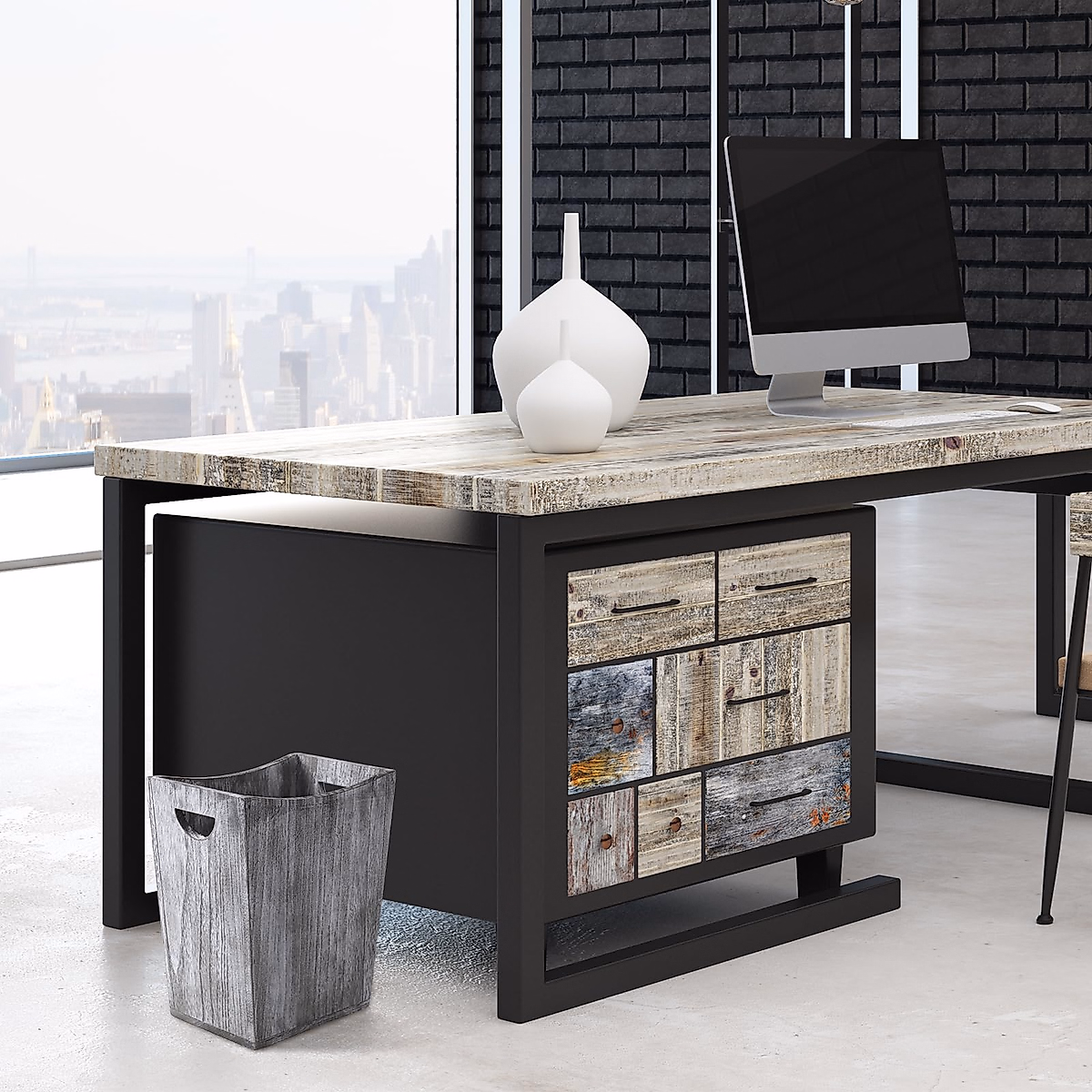 Wood Trash Can Rectangular Waste Basket with Convenient Semicircular Handle Wooden Garbage Can for Kitchen Bedroom Living Room, Grayish Green