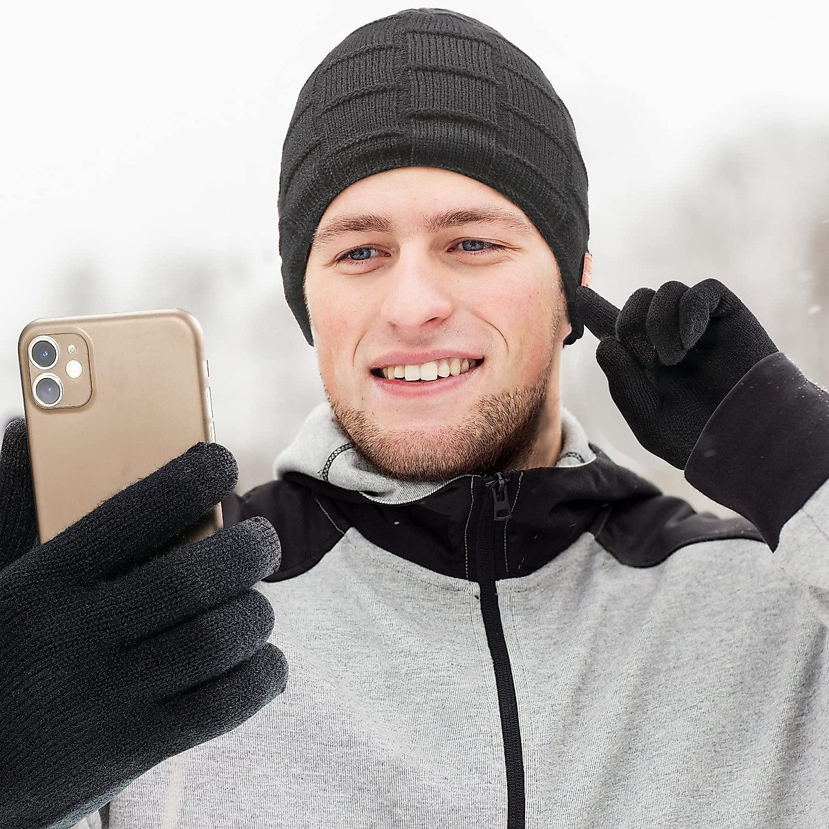 Honoson Bluetooth Beanie Set Includes 2 Pieces Bluetooth Beanie Hat Wireless Winter Hats 2 Pairs Winter Touchscreen Gloves Knit Stretch Gloves for Christmas Birthday Gifts for Men Women