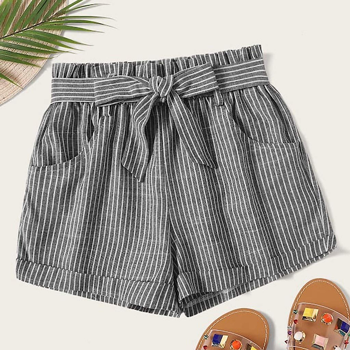 Shakumy Women Casual Elastic Waist Striped Bowknot Shorts Loose Stretch Summer Beach Shorts with Pockets Workout Hot Pants