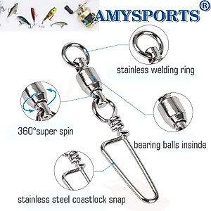 AMYSPORTS High Strength Fishing Snap Swivels Ball Bearing, Stainless Fishing Swivels Saltwater Corrosion Resistance Barrel Swivel for Freshwater Fishing 25pcs 18lbs