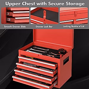 Goplus Rolling Tool Chest, 5-Drawer Tool Box Organizer w/Lockable Wheels & Sliding Drawers & Detachable Top & Adjustable Shelf, Tool Storage Cabinet for Garage Workshop (Red)