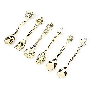 Spoon, 6Pcs Set Innovative Vintage Retro Zinc Alloy Spoons Fork Set Cutlery Kitchen Accessory for Mixing and Stirring Drinks, Cocktails, Milk (Gold (auspicious knot fork handle))