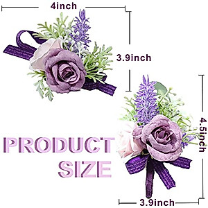 lengenyen 2Pcs Purple Wrist Corsage and Boutonniere Set, Artificial Rose Flower Corsage Wristlet and Men's Boutonniere Set for Wedding Prom Anniversary Homecoming Formal Dinner Party
