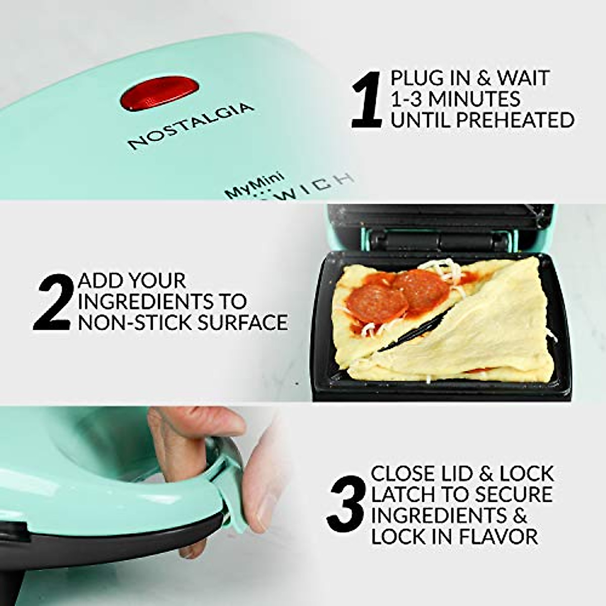 Nostalgia MyMini Personal Sandwich Maker, Nonstick Panini Press, Pizza Pockets, Quesadillas, Mint Green