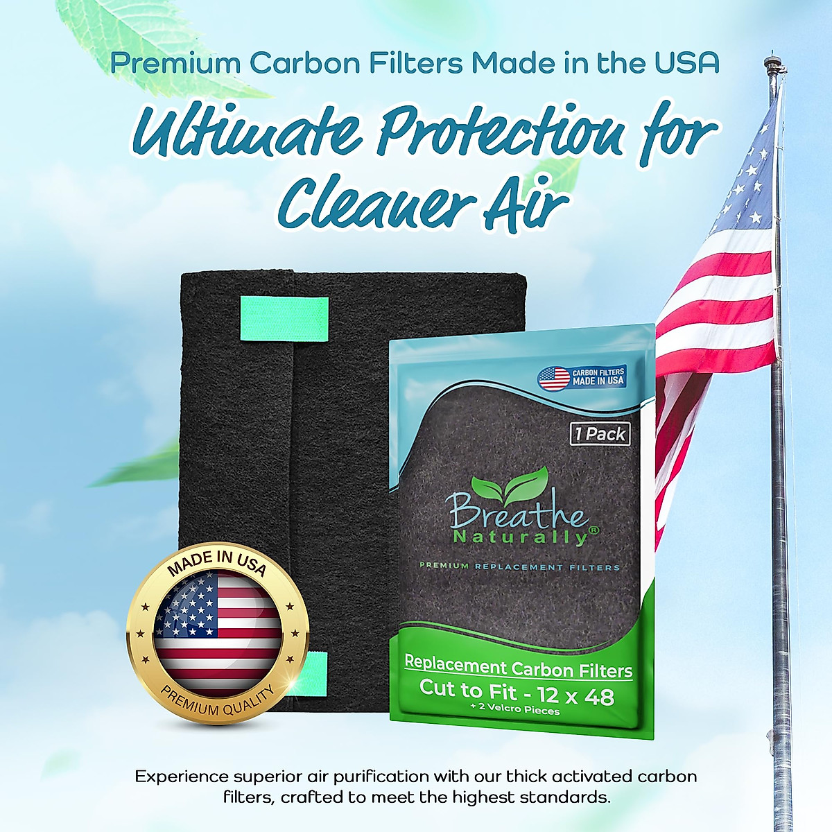 Breathe Naturally Universal Cut To Fit Activated Carbon Air Filter - Replacement Charcoal Air Filters - Carbon Filter Sheet for Air Purifier, Vent Filters & More - Made in USA (Pack of 1, 12x48)