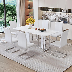 67" Dining Table,White Gloss Kitchen Table,1.57" Thick MDF Board Table Top Coated by Faux Marble Pattern with Chrome Plate Metal Base,Modern Dining Table for 6-8 People