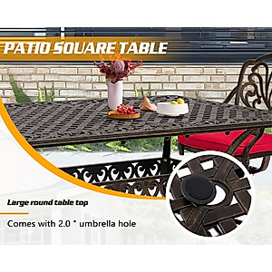 TITIMO Cast Aluminum 7-Piece Patio Dining Set with Cast-Top Table and Flower Swivel Rockers Chairs with Cushions, Outdoor Furniture Set for Backyard Porch Pool (Red)