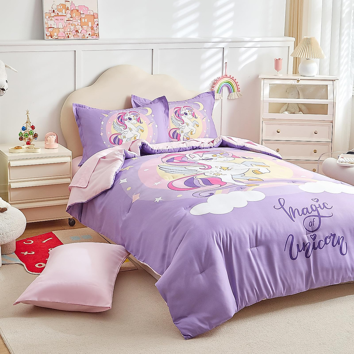 Girls Bed in a Bag Full Size Purple Unicorn Comforter Set with Rainbow Star - Soft Microfiber 7 Pcs Bedding Set (1 Comforter 2 Pillow Shams 1 Flat Sheet 1 Fitted Sheet 2 Pillowcases)