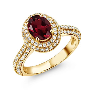 Gem Stone King 18K Yellow Gold Plated Silver 8X6MM Oval Gemstone Birthstone and White Moissanite Halo Engagement Ring | Wedding Anniversary Promise Ring For Women | Size 5,6,7,8,9