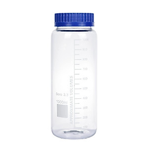 Pastein 2 Pack 1000 mL Wide Mouth Graduated Round Borosilicate Reagent Media/Storage Lab Glass Bottle With GL70 Blue Polypropylene Screw Cap
