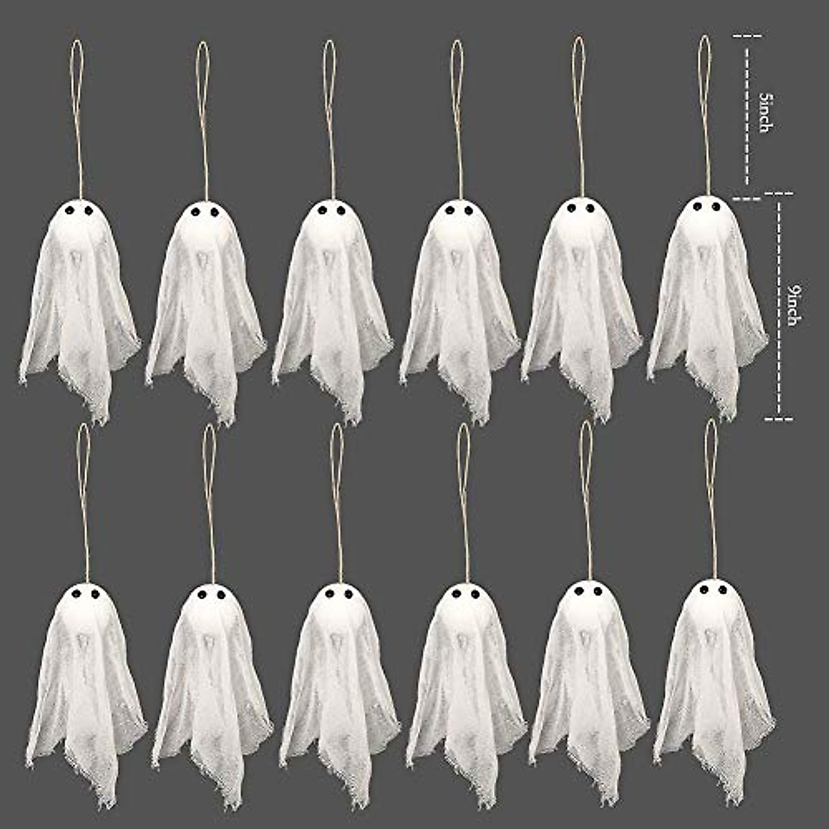 Decor365 Pack of 12 Small Hanging Ghost with White Creep Cloth and Black Eyes for Halloween Party Decoration Home/Yards/Garden/Pub/Classroom/Showcase/Living Room Holiday Party Decor