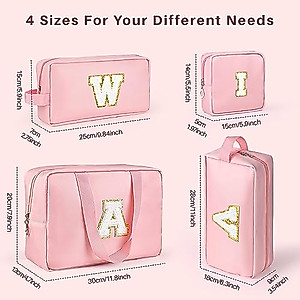 TOPEAST Makeup Bag Set, 4 Pack Initial Cosmetic Bags Chenille Letter Bags Travel Toiletry Bag Waterproof Nylon Makeup Pouch with Handle, Personalized Birthday Gift for Women Girls, Letter A