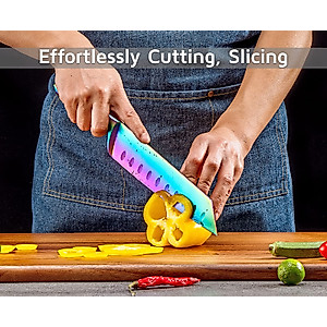 WELLSTAR Rainbow Knife Set 5 Piece, Razor Sharp German Stainless Steel Blade with Iridescent Titanium Coated, Kiritsuke Santoku Boning Utility Paring for Kitchen Cutting Dicing Filleting and Peeling