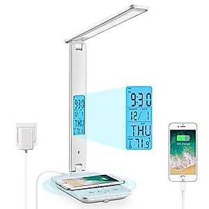 LAOPAO LED Desk Lamp with Wireless Charger, USB Charging Port, Adjustable Foldable ​Table Lamp with Clock, Alarm, Date, Temperature, 5-Level Dimmable ​Lighting​, Office Lamp with Adapter, White