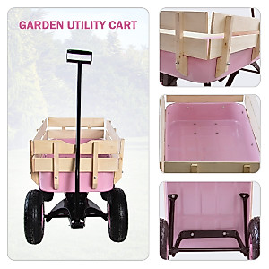 Sanch Ancha Heavy Duty Steel Wooden Side Support Cargo Wagon with 10” All-Terrain Air Tires, Up to 176lb Haul Capacity, Effortless Foldable Handle Cart for Towing Kids Toys, Gardening Supplies (Pink)