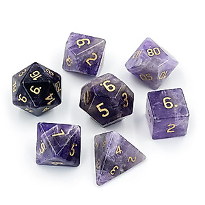 TAMYUN 7 Pieces DND Dice Set Amethyst Natural Gemstone Dice D4 D6 D8 D10 D00 D12 D20 and Dice Bag RPG Polyhedral Dungeons and Dragons Dice Toys