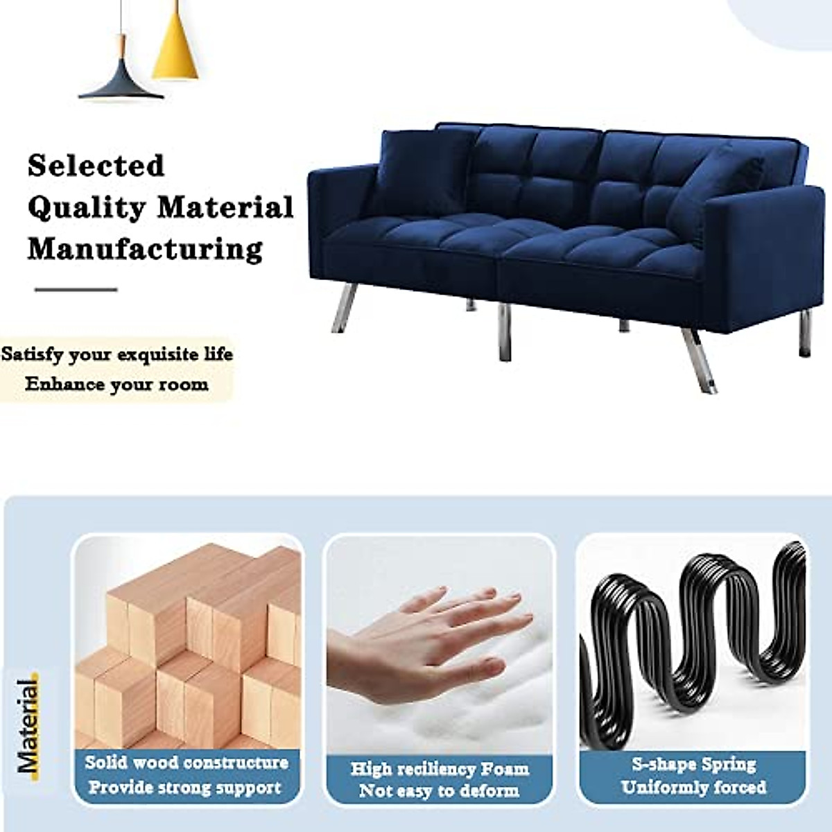 Velvet Futon Sofa Bed with Two Pillows, Convertible Sleeper Sofa Couch with 3 Angle Adjustable Backrest, Modern Loveseat with 6 Metal Legs for Living Room, Bedroom (Blue)