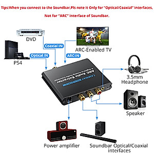 CAMWAY Digital to Analog Audio Converter,ARC Audio Extractor Audio Return Channel,Digital Optical SPDIF Coaxial and Analog 3.5mm L/R Stereo Audio Converter,Coaxial to 3.5mm and RCA