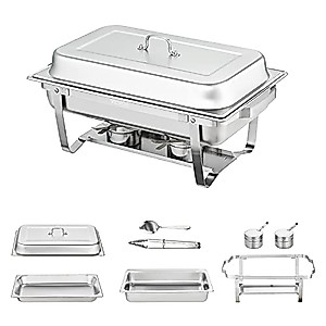 VEVOR Chafing Dish Buffet Set, 8 Qt 4 Pack, Stainless Chafer w/ 4 Full Size Pans, Rectangle Catering Warmer Server w/Lid Water Pan Folding Stand Fuel Tray Holder Spoon Clip, at Least 8 People Each