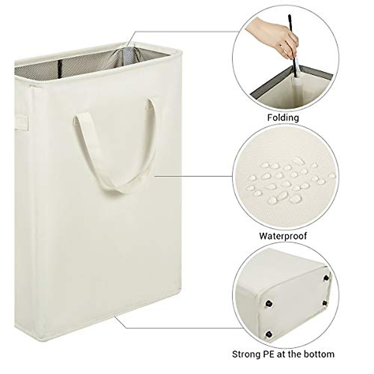 ZERO JET LAG Slim Laundry Hamper Beige and Grey Handles Collapsible Laundry Basket Thin Dirty Clothes Basket Narrow Laundry Bag Foldable Dirty Hamper