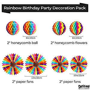 PatiCool Happy Birthday Party Decorations Pack with Rainbow Happy Birthday Banner, Honeycomb Balls, Circle Dot Garland, Paper Bunting Banner, Paper Fans and Hanging Swirls Streamers