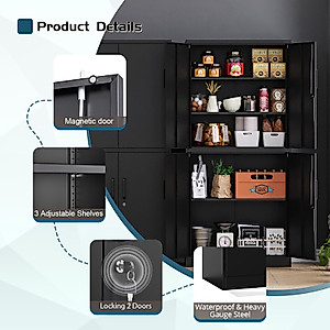 MIIIKO Steel Storage Cabinet with Locking Doors, Black Storage Cabinet with 4 Doors and 3 Adjustable Shelves, Tall Metal Locker Cabinet for Home Office, Garage, School