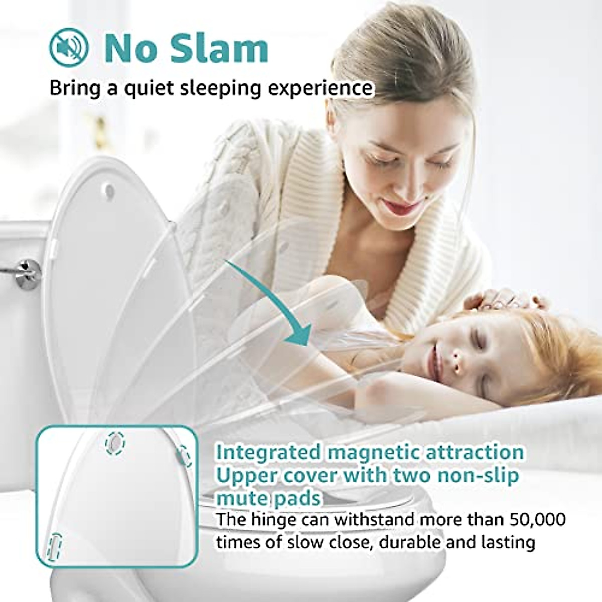 Elongated Toilet Seat with Toddler Seat Built In, Slow Close, Quick Release, Never Loosen, Heavy Duty, White
