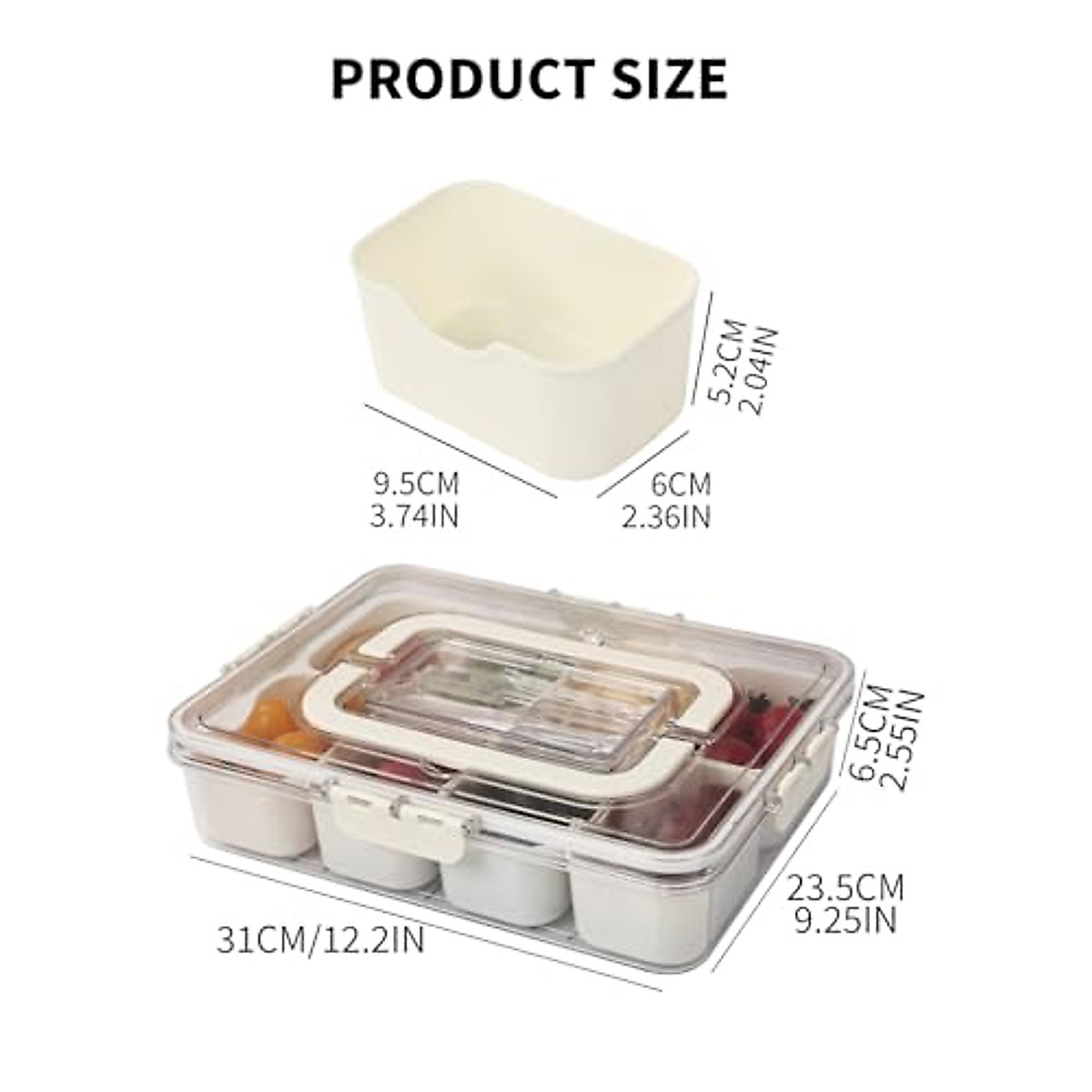 SNEKZ 𝟮 𝗣𝗮𝗰𝗸 Divided Serving Tray with Lid and Handle, 8 Compartments Portable Snackle Box Container for Fruit, Veggies,Clear Snack Containers for Kids and Adult, Perfect for Travel, Picnic