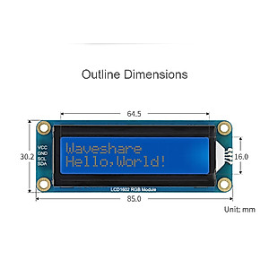 waveshare 1602 LCD Display RGB Module 16x2 Characters 16M Colors RGB Backlight LCD Module, 3.3V/5V Compatible, I2C Bus, for Raspberry Pi/Pi Pico, Jetson Nano Arduino