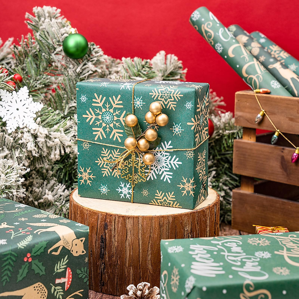 RUSPEPA Christmas Animals Wrapping Paper Rolls - 17 inches x 10 feet per Roll, Total of 3 Rolls - Green Design