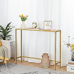 HOOBRO 39.4" Console Table, Tempered Glass Sofa Table, Modern Entryway Table, Metal Frame, for Entrance, Living Room, Hallway Bedroom, Gold GD01XG01